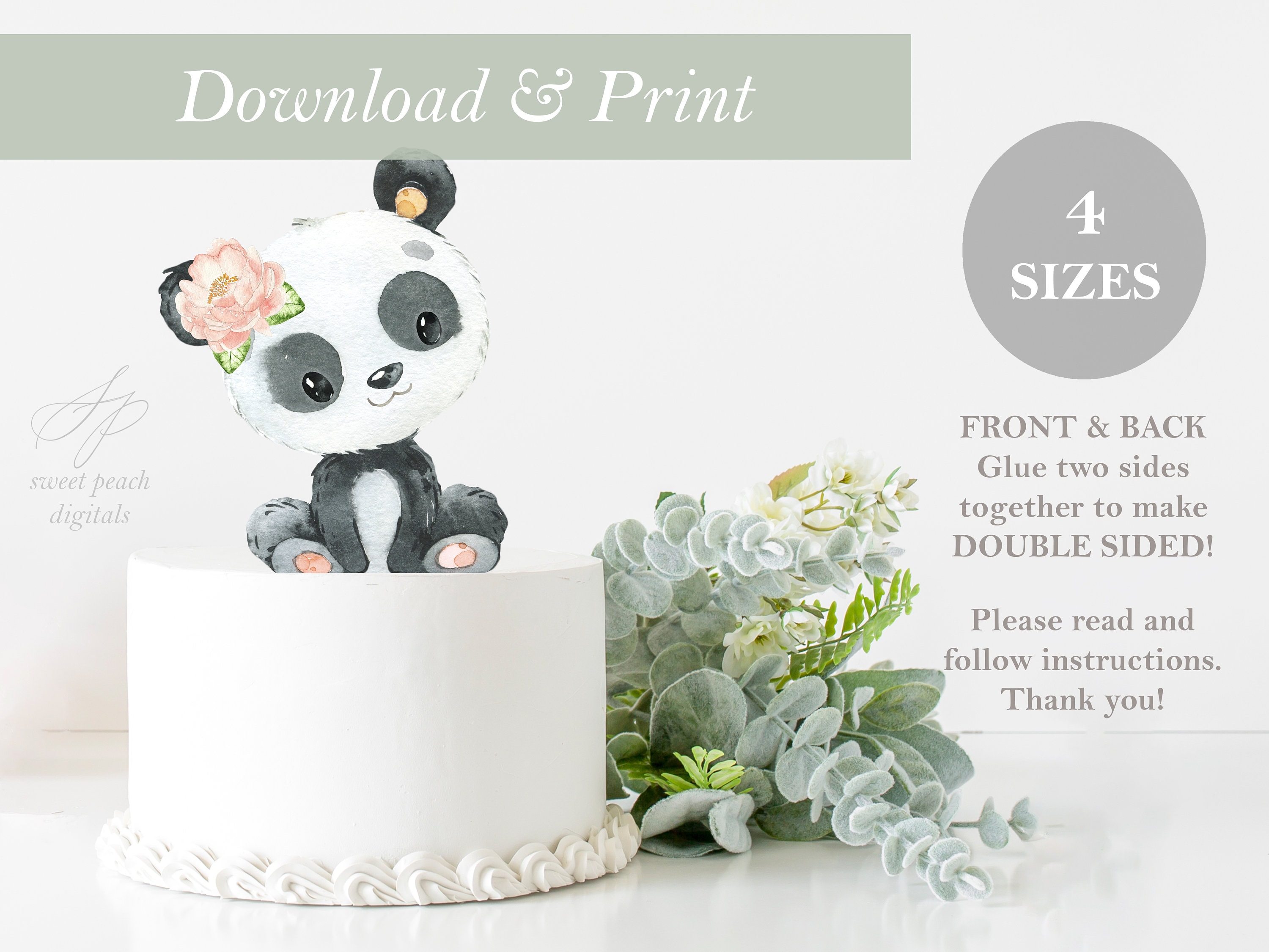 Girl Panda Topper DOUBLE SIDED Printable Flower Cut Out Safari | Etsy