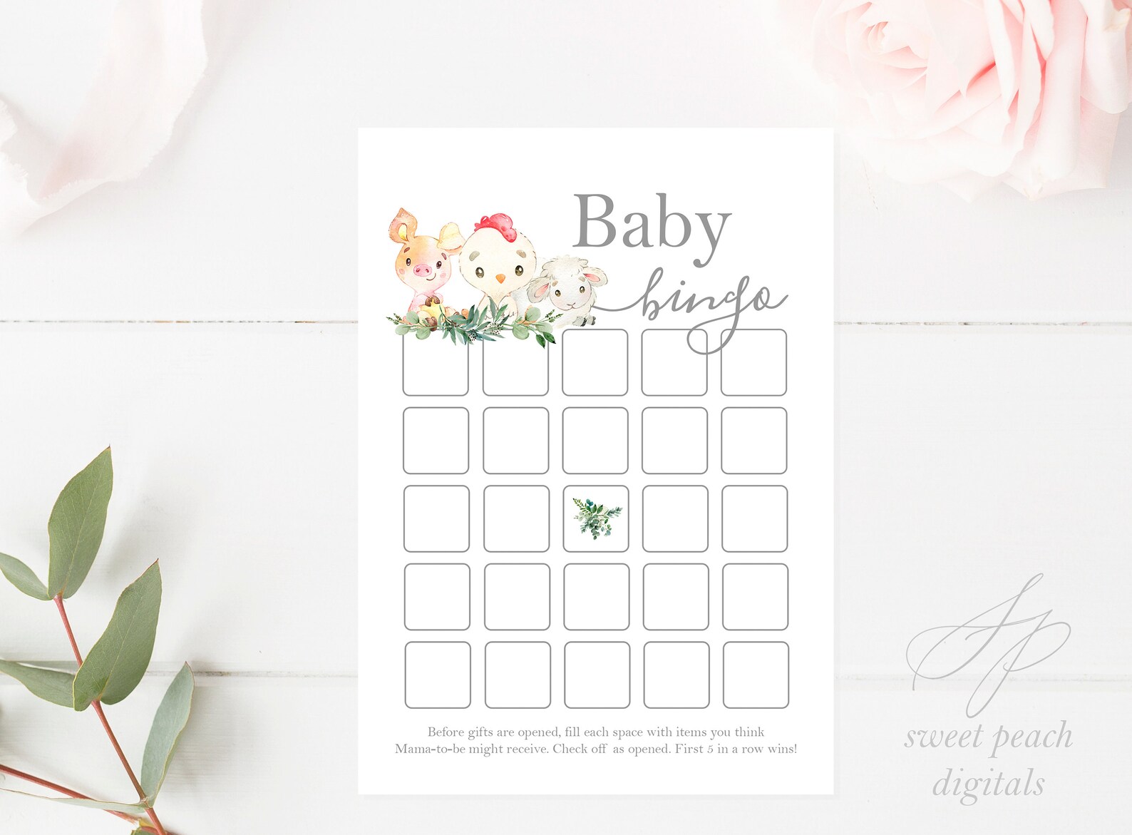 Farm Baby Shower Game Baby Bingo Card Digital Farmer Chicken Rooster ...