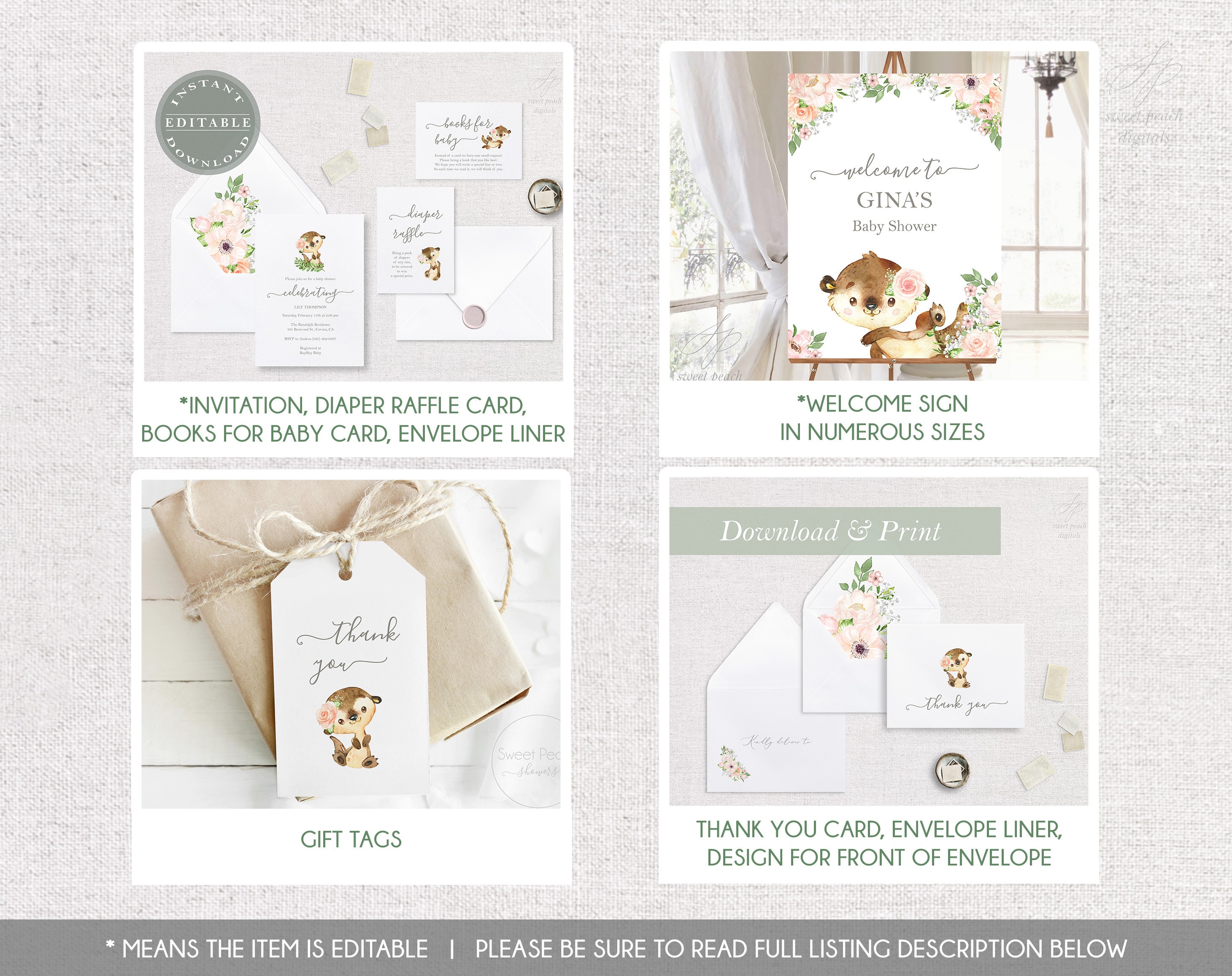 Girl Otter Digital Bundle Baby Shower Forest Woodland Invitation Decor ...