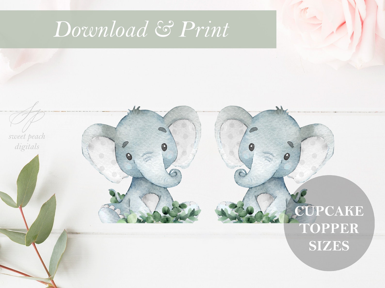 Elephant Digital Cupcake Topper Safari Printable Cup Cake Toppers ...