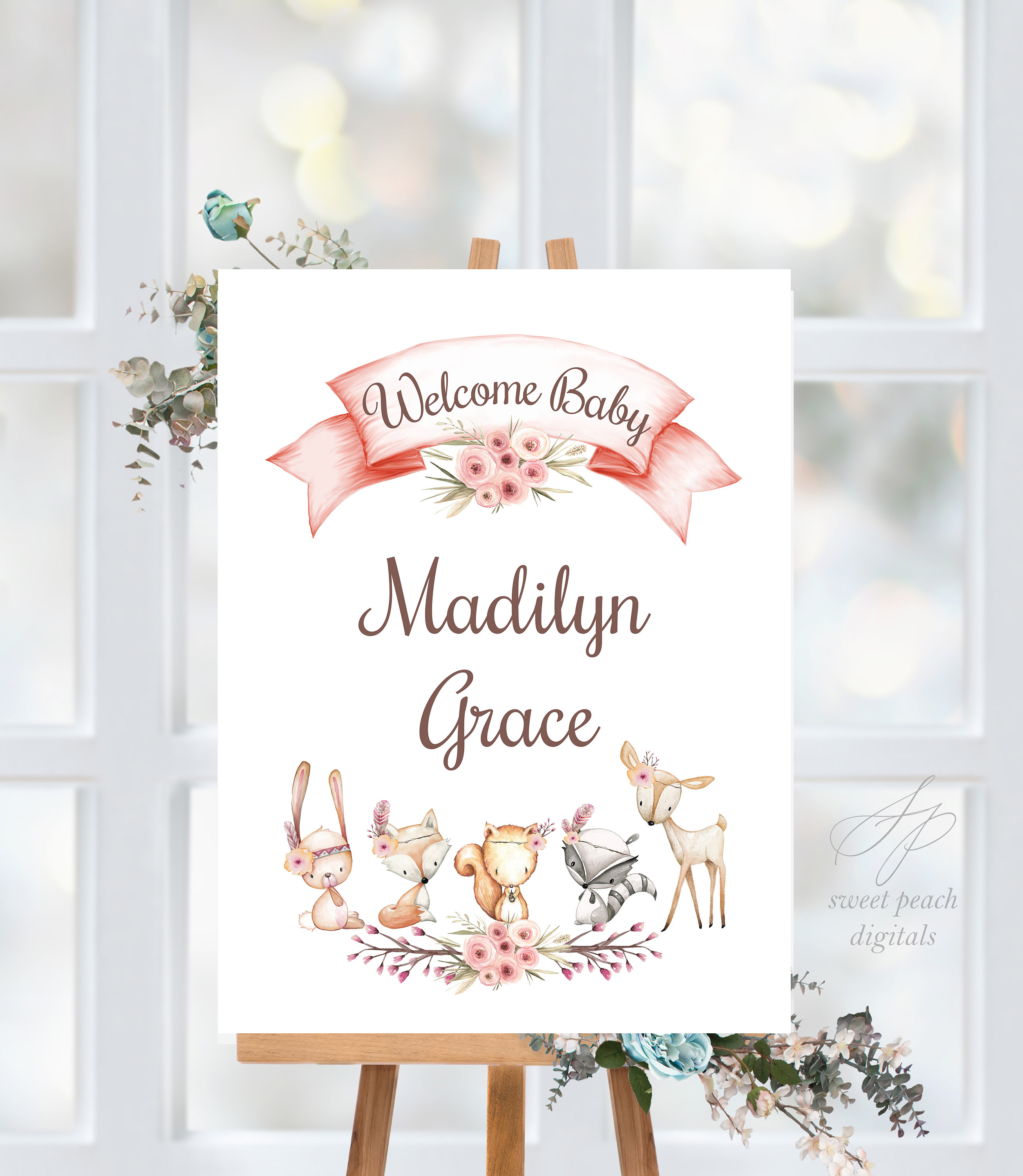 Woodland Welcome Baby Sign Shower Birthday Signage Editable Template ...