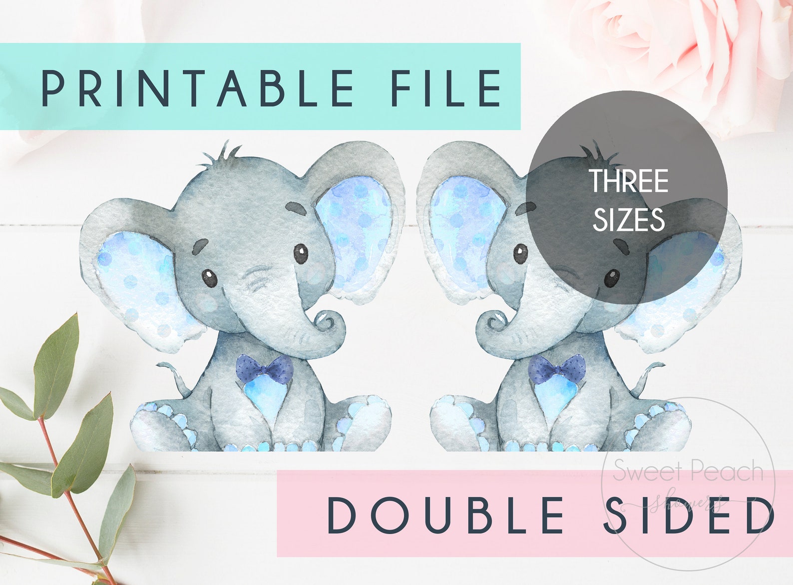 DOUBLE SIDED Toppers Blue Elephant Cut Out Bow Tie Printable | Etsy