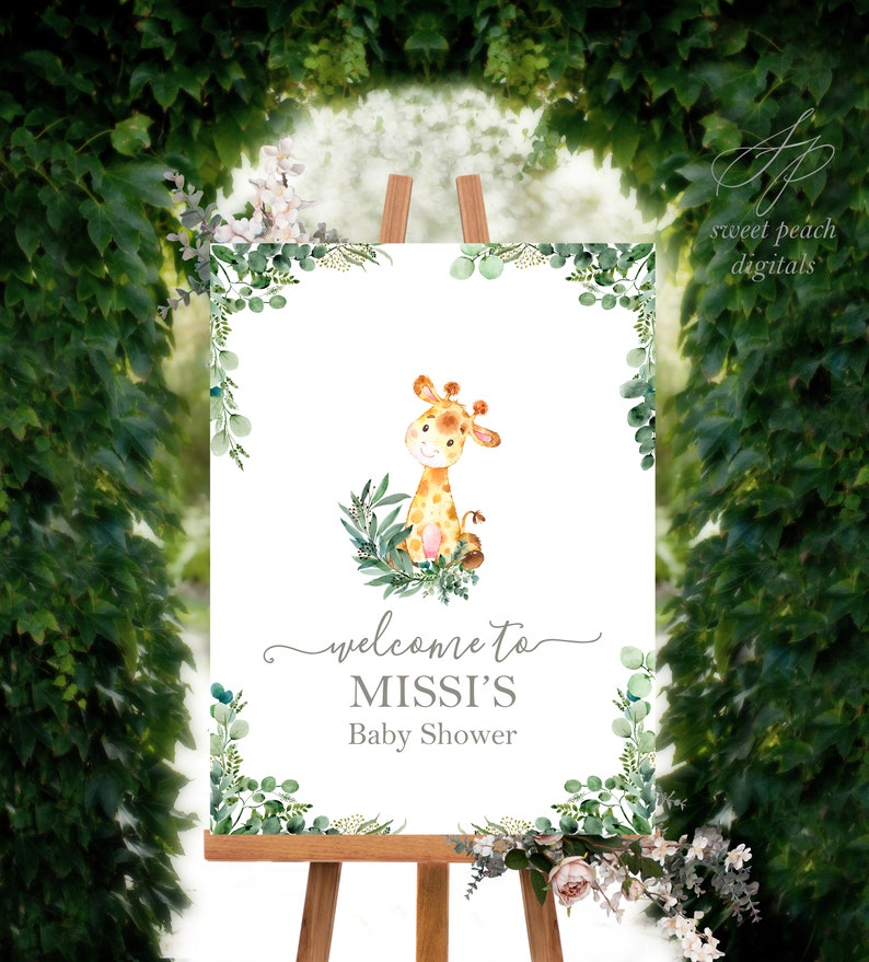 Editable Giraffe Safari Welcome Baby Shower Sign Greenery Digital ...