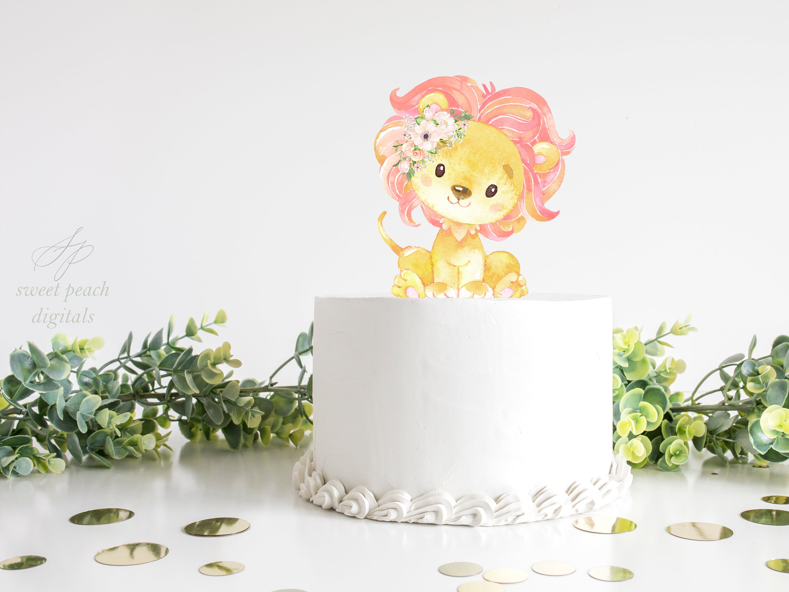 Lion Topper DOUBLE SIDED Printable Pink Flower Cut Out Safari Birthday ...