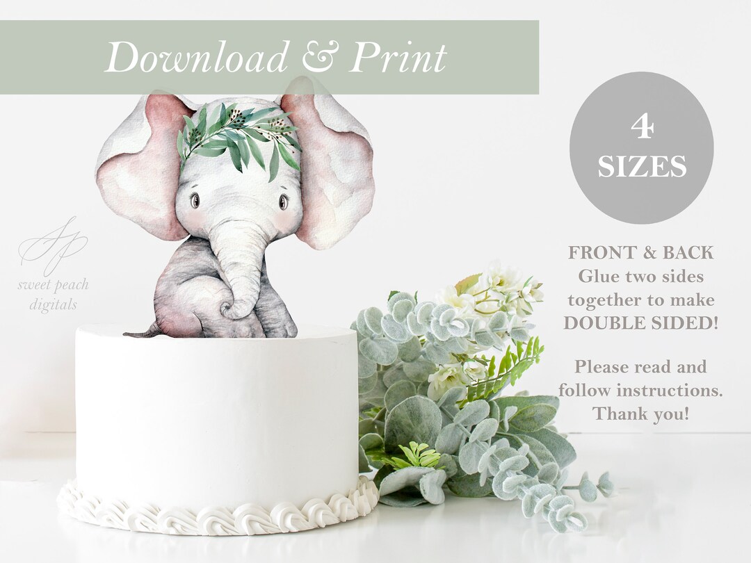 Elephant Topper 4 Sizes Safari Cut Out Greenery Printable Birthday Cake ...