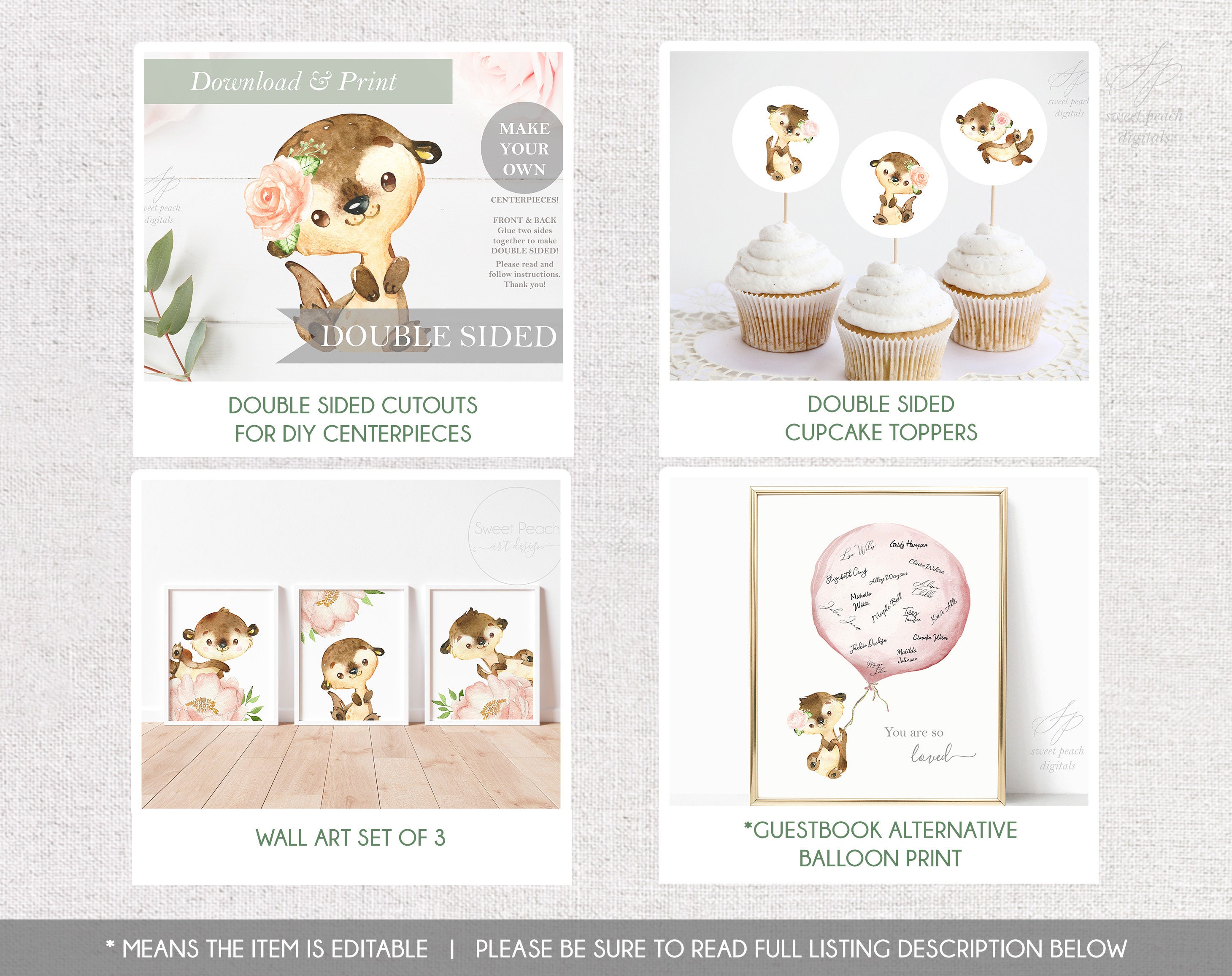 Girl Otter Digital Bundle Baby Shower Forest Woodland Invitation Decor ...