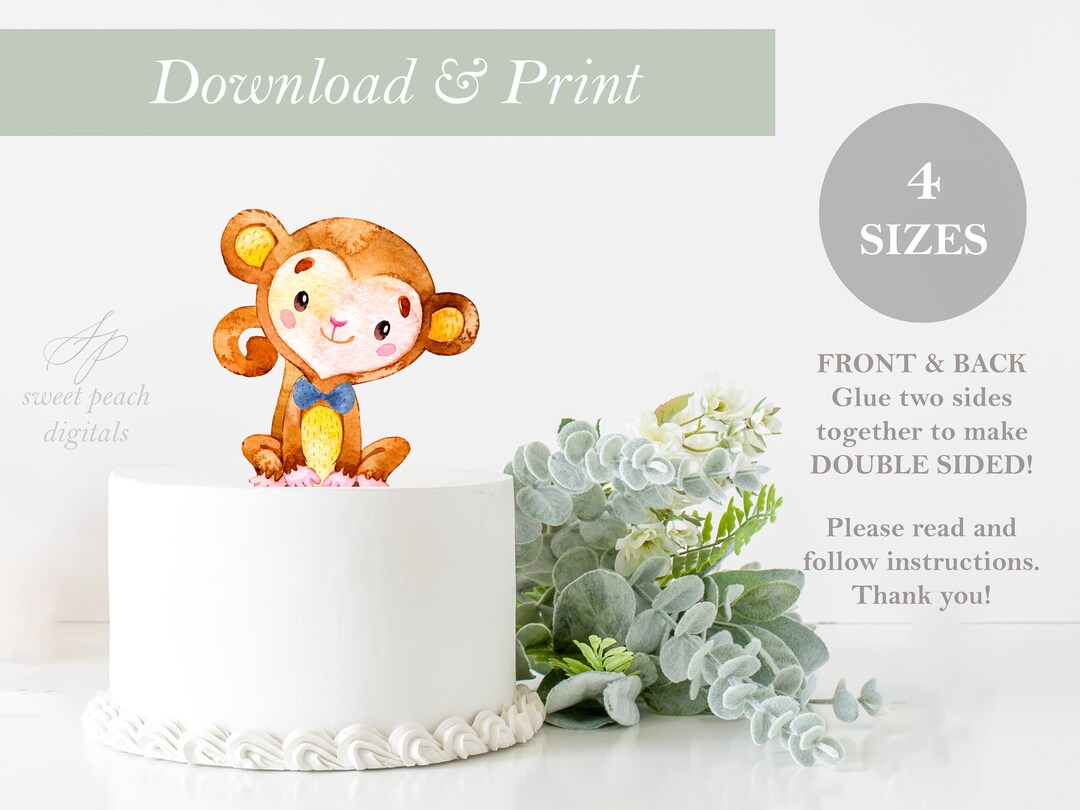 Monkey Topper DOUBLE SIDED Printable Bow Tie Cut Out Safari Birthday ...