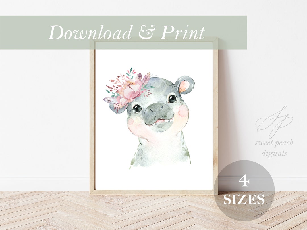 Boho Hippo Nursery Decor Wall Art Printable Digital Prints Safari Zoo ...