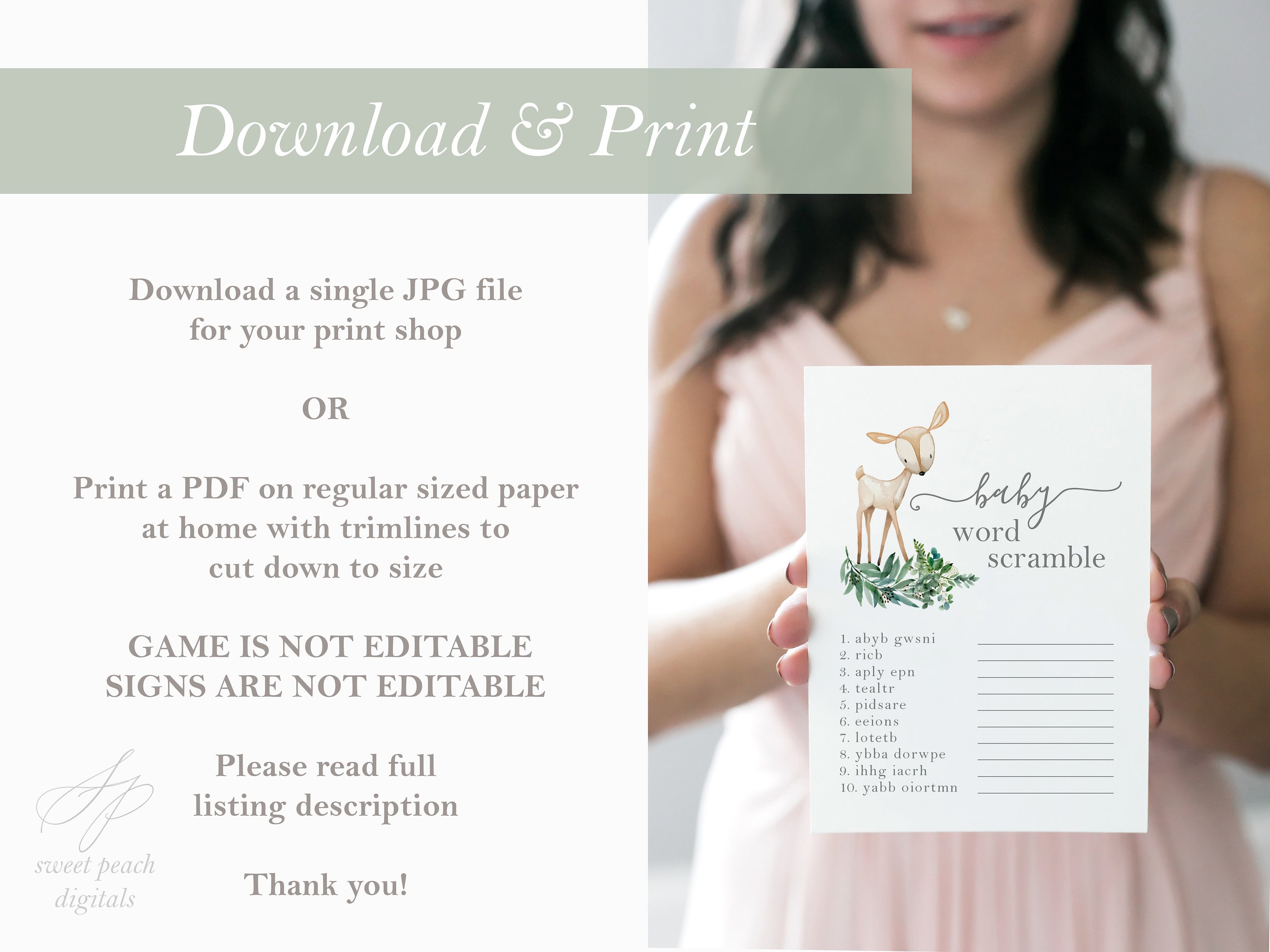 Woodland Game Word Scramble Baby Shower Card Girl Print Forest Animal ...
