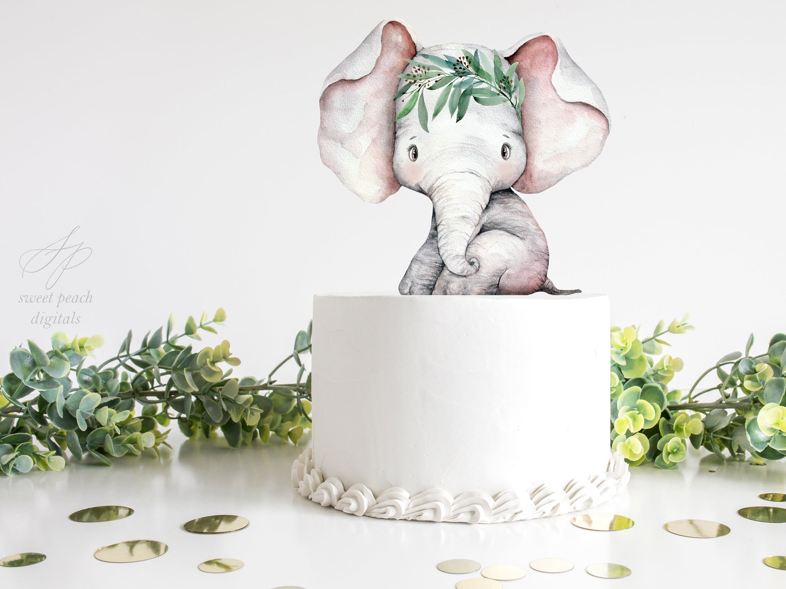 Elephant Topper 4 Sizes Safari Cut Out Greenery Printable Birthday Cake ...