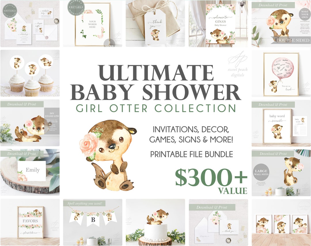 Girl Otter Digital Bundle Baby Shower Forest Woodland Invitation Decor ...