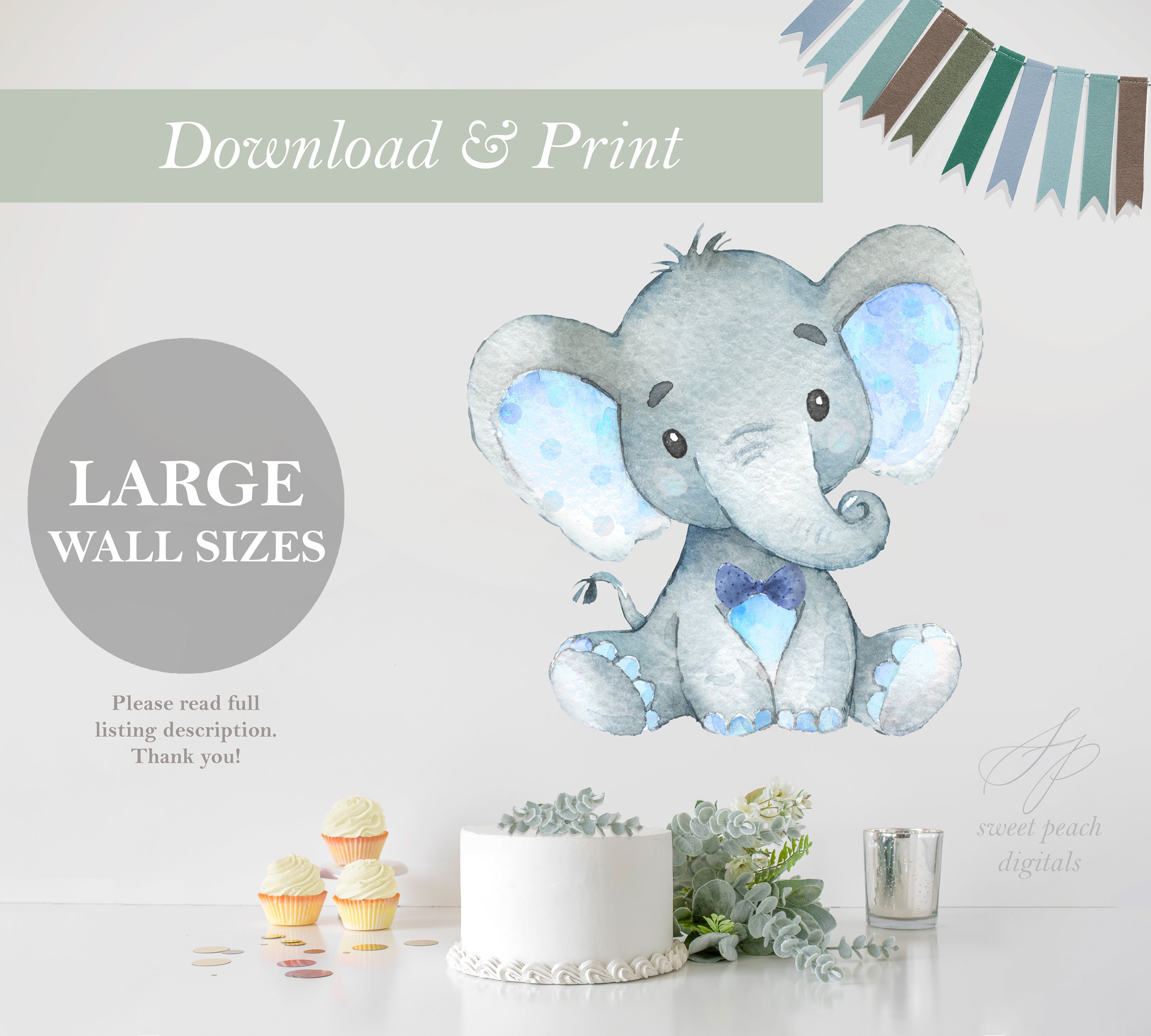 LARGE Boy Elephant Cut Out Printable Stand up Safari Bow Tie Baby ...