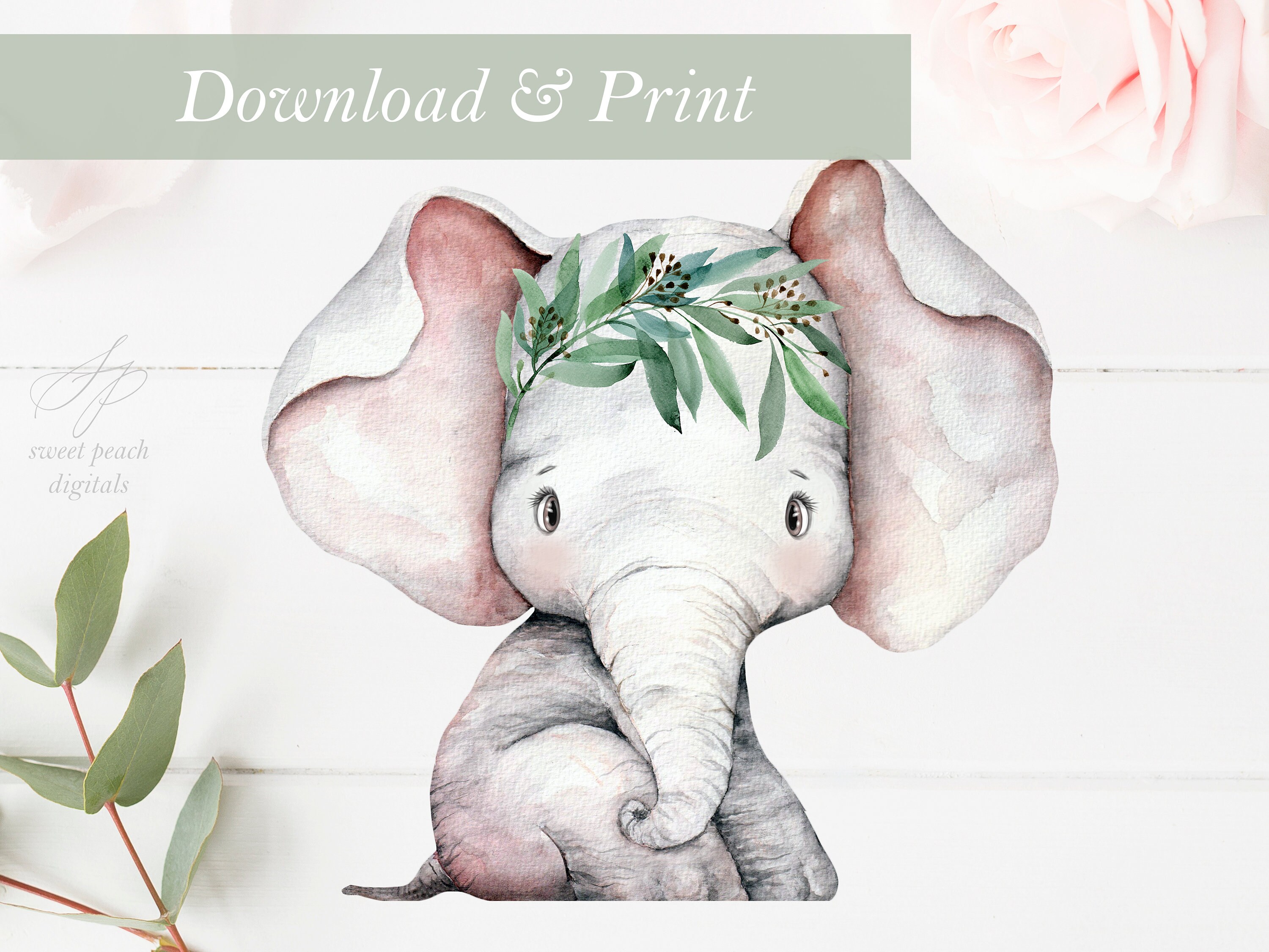 Elephant Cut Out Stand Up Digital Greenery Printable Safari | Etsy