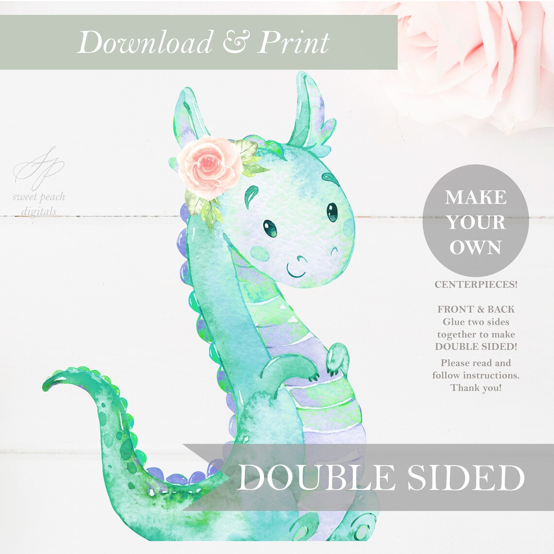 Girl Dragon DIY Centerpieces Blue Dragon Print and Cut DIY Double Sided ...