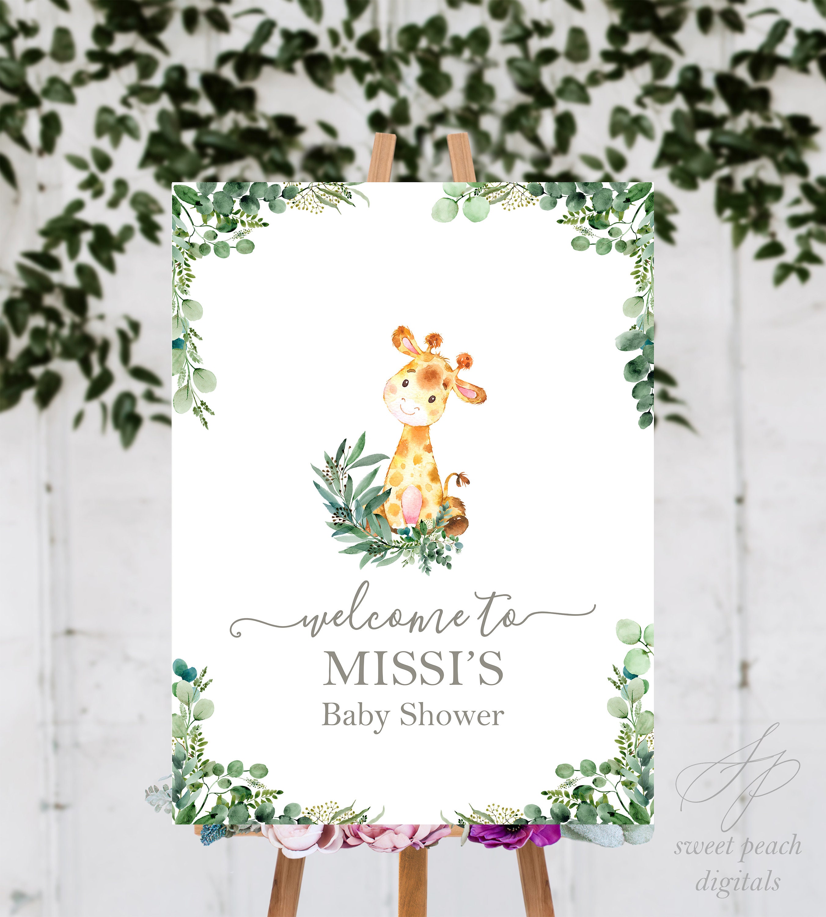 Editable Giraffe Safari Welcome Baby Shower Sign Greenery | Etsy