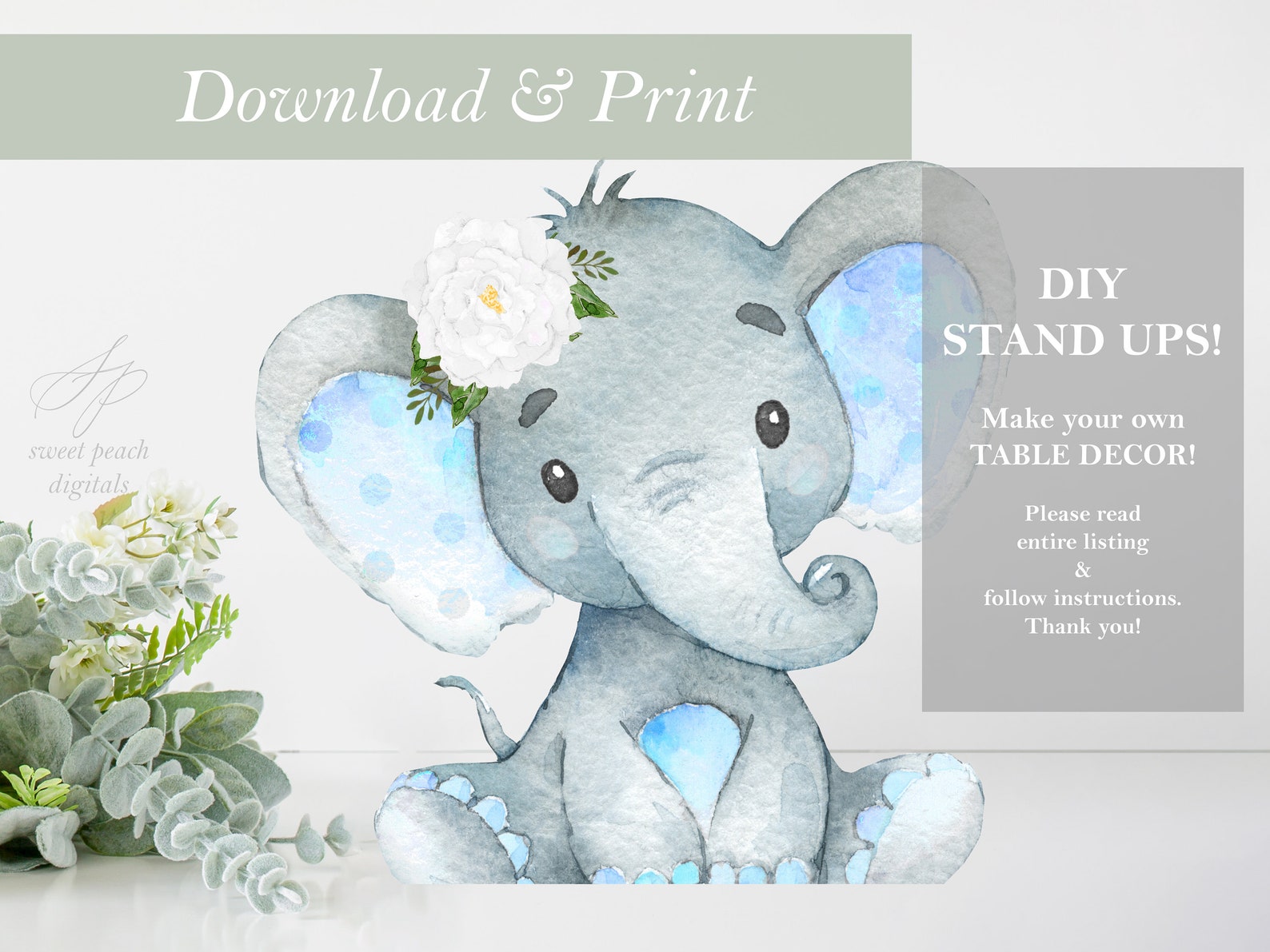White Flower Blue Elephant Cut Out Printable Stand up Safari - Etsy