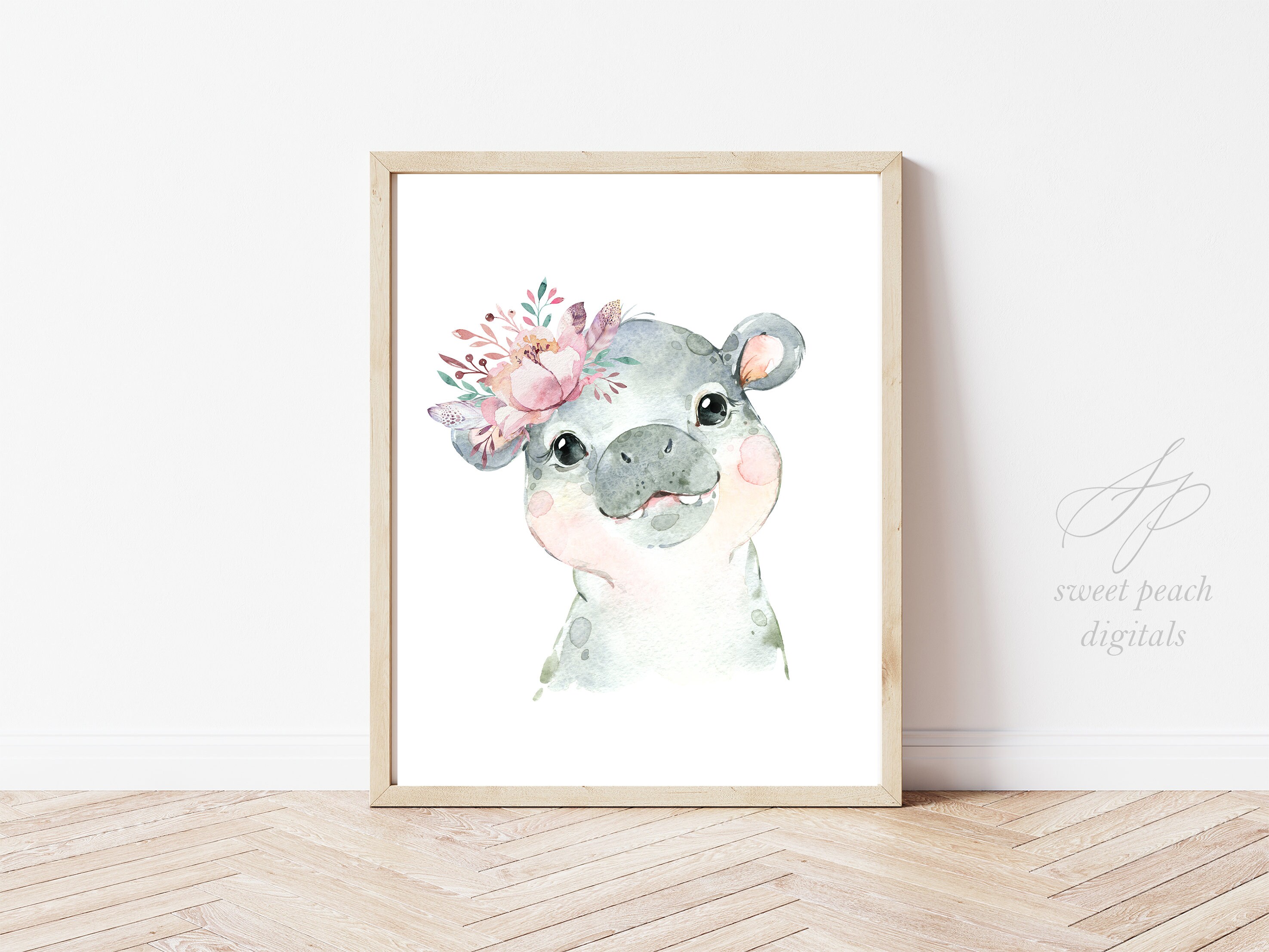 Boho Hippo Nursery Decor Wall Art Printable Digital Prints | Etsy