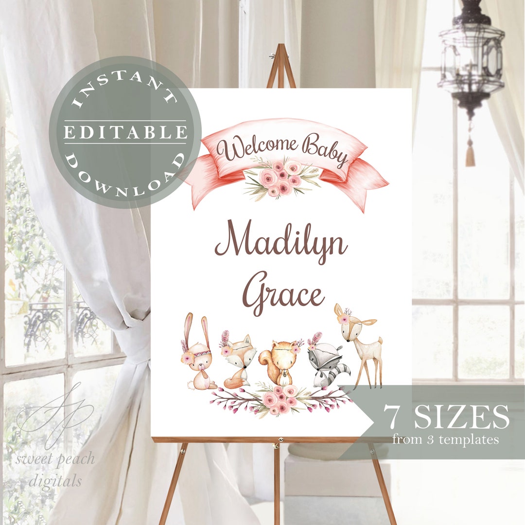 Woodland Welcome Baby Sign Shower Birthday Signage Editable Template ...