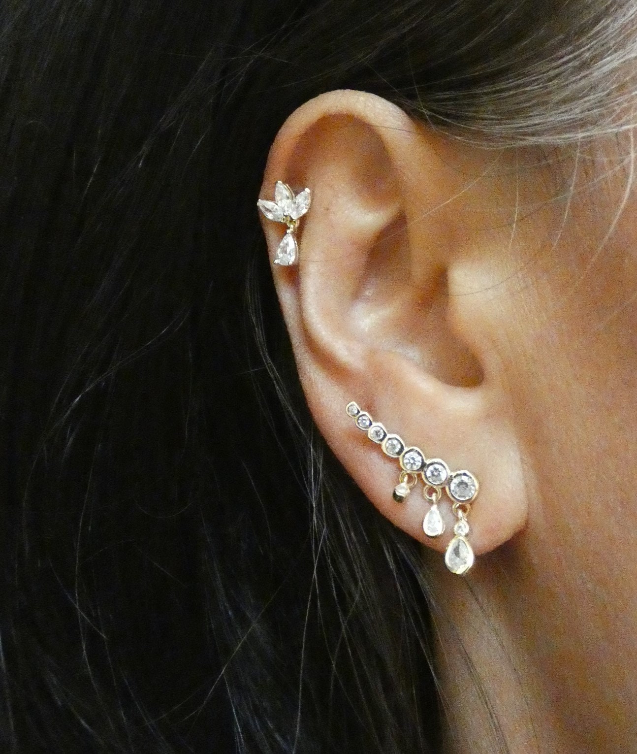 Ear Climber, Ear Crawler, Curved Ear Bar, Diamond CZ Ear Climber ...