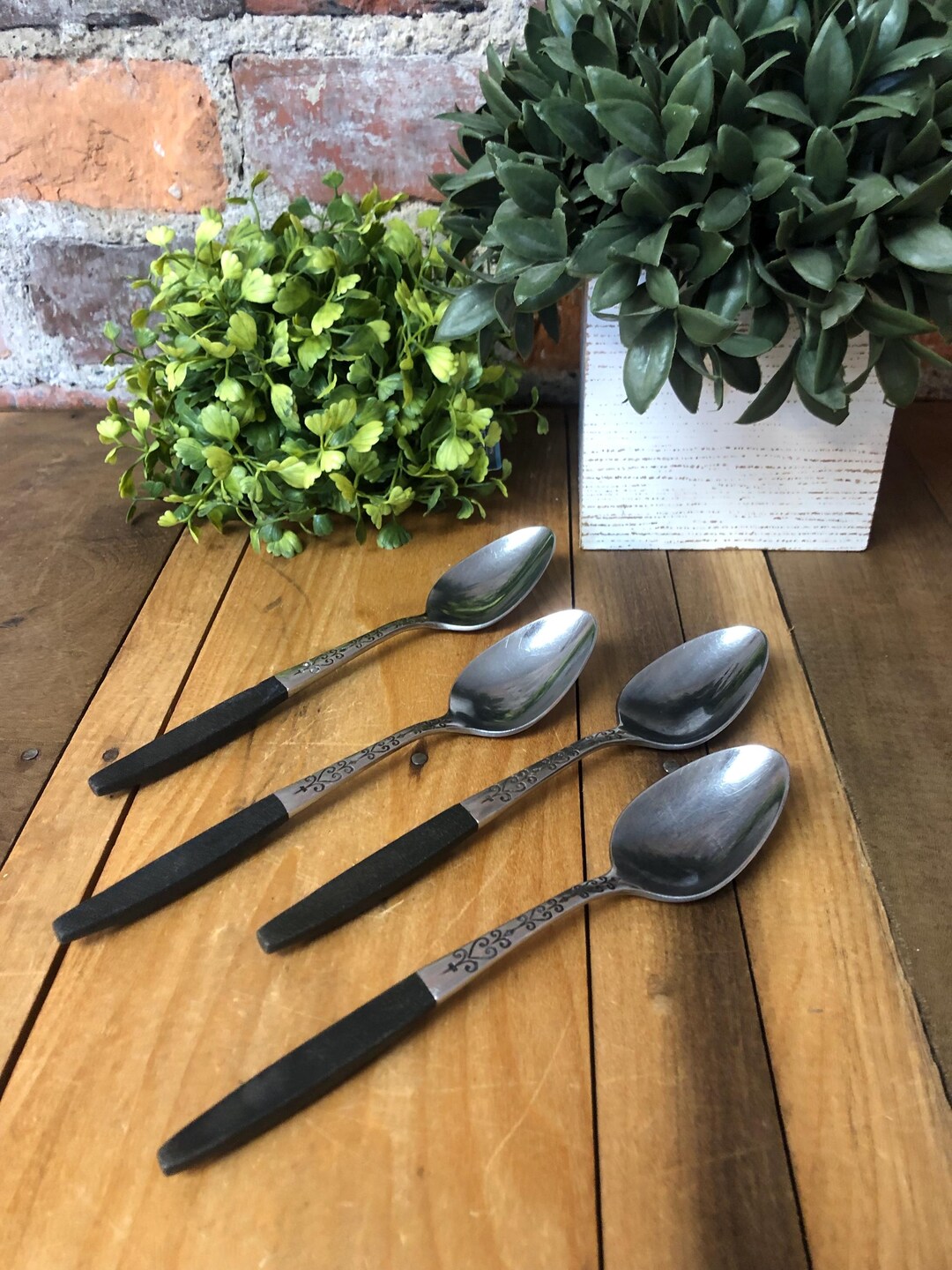 4 Interpur TABLESPOONS Black Canoe Muffin Scroll Neck Japan MCM ...