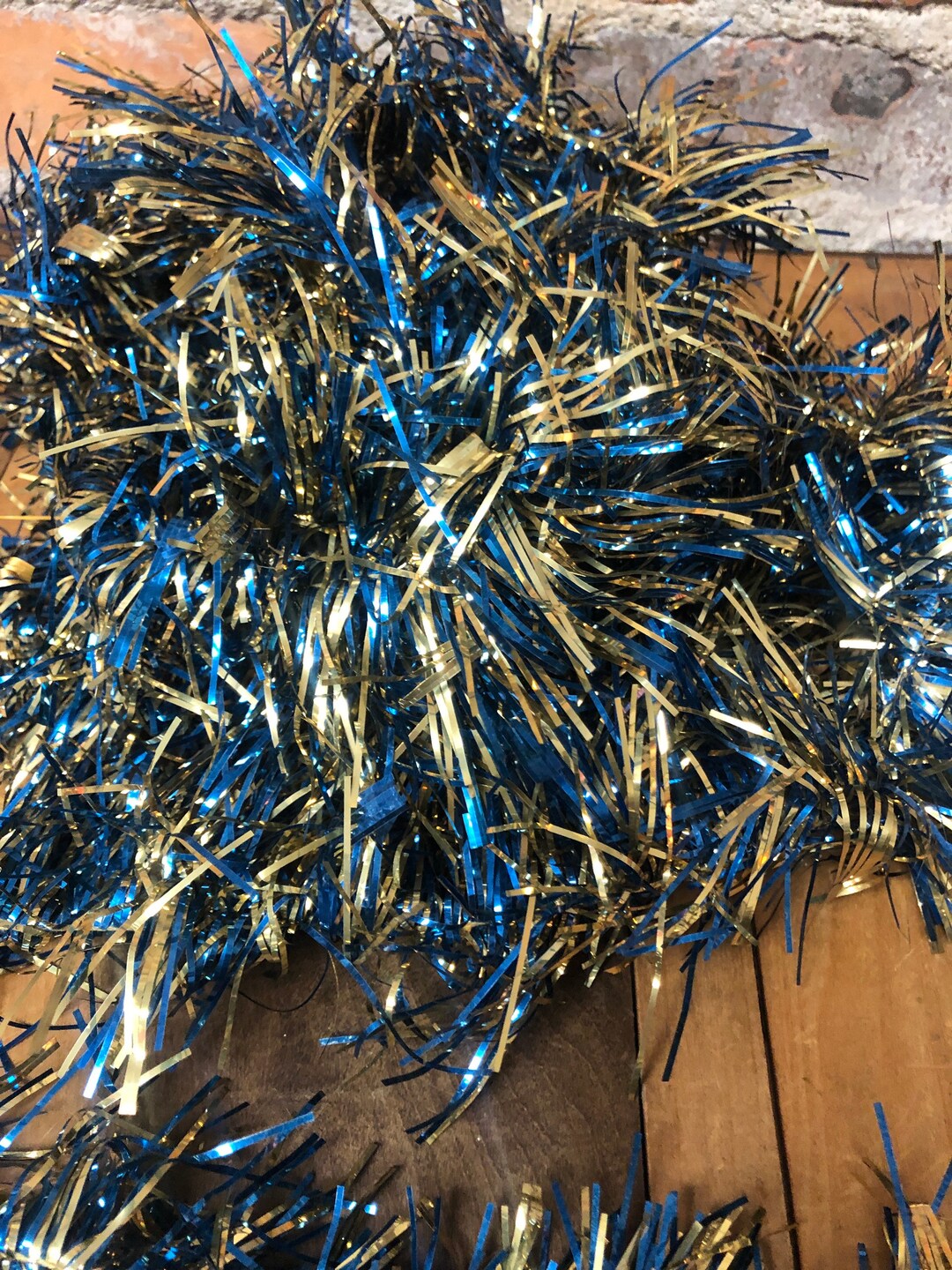Vintage Blue Gold Christmas Tree Tinsel 19 Feet Long Feather Garland 2. ...