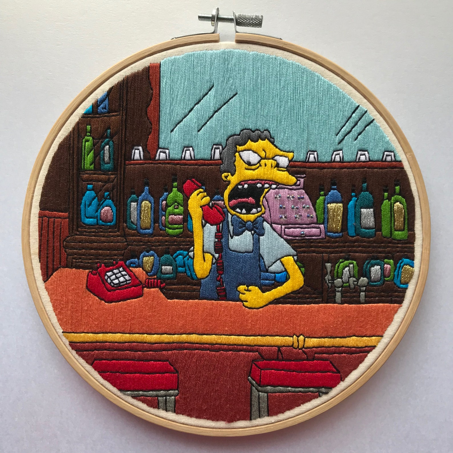 Moe on Phone Simpsons Hand Embroidery - Etsy