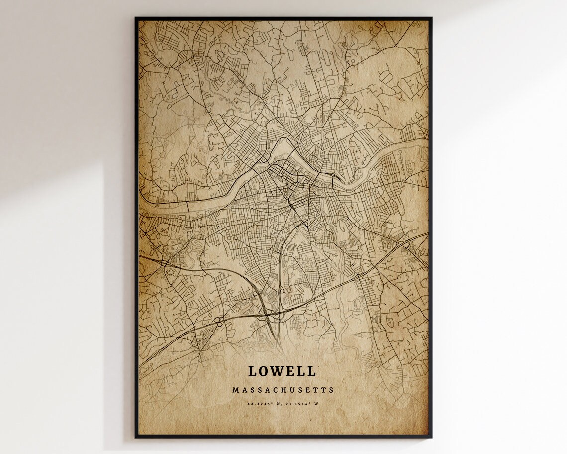 Massachusetts Map Art Lowell Vintage Map Print Vintage Gift Map Ma City ...