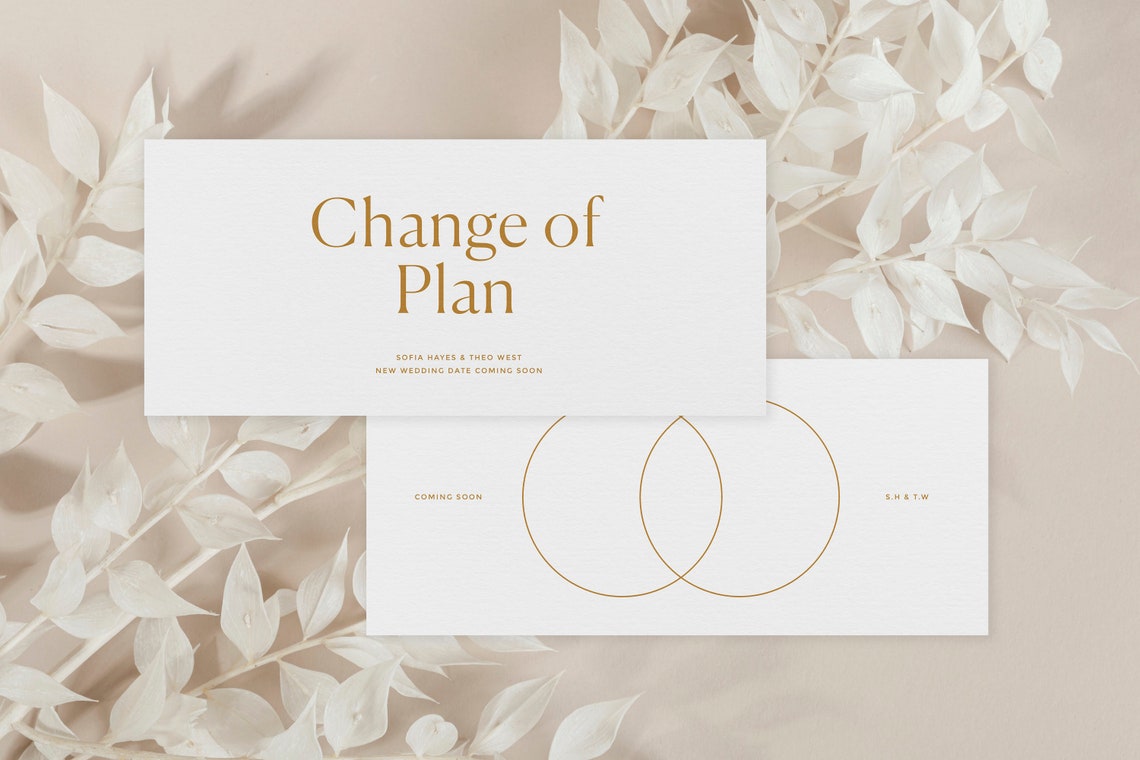 Printable Wedding Postponement Template, Simple Gold Ring Change of ...