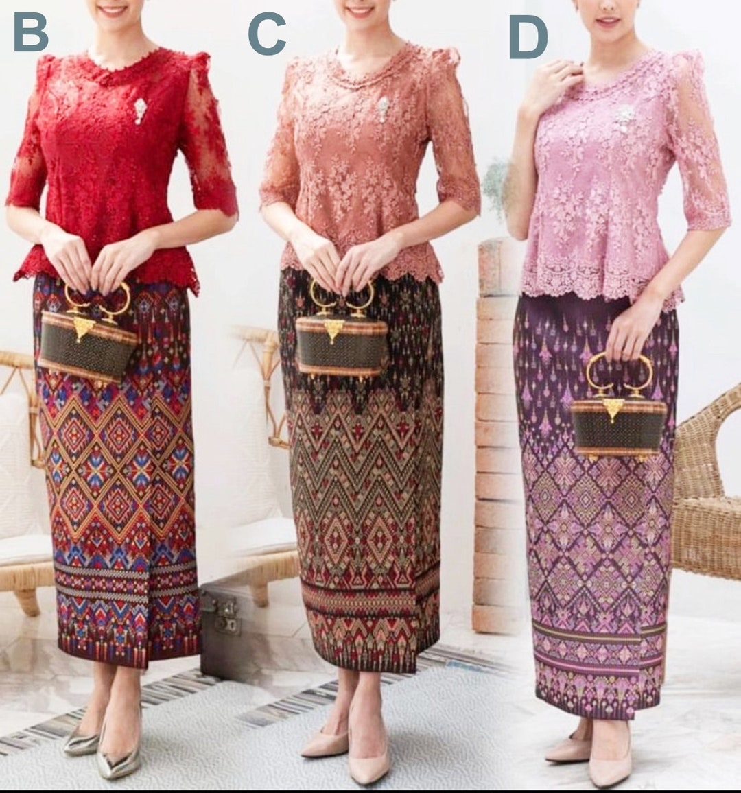 Thai Traditional Blouse & Skirt Woman Shirt Lao Silk Clothing Vintage ...