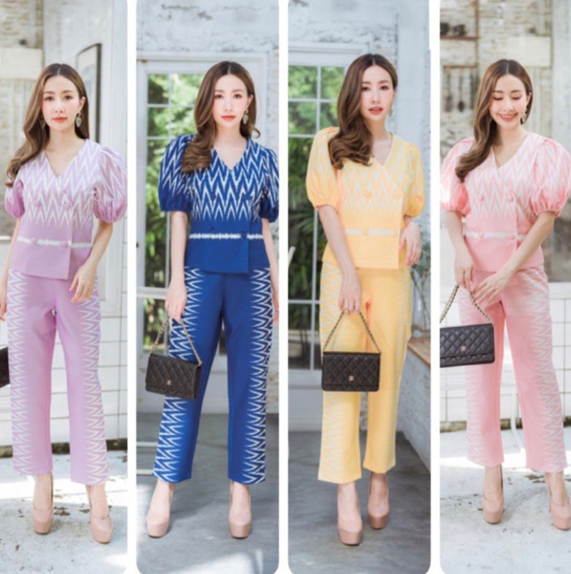 Set of Thai Traditional Shirt&pants Woman , Silk Fabric Thai Style Thai ...