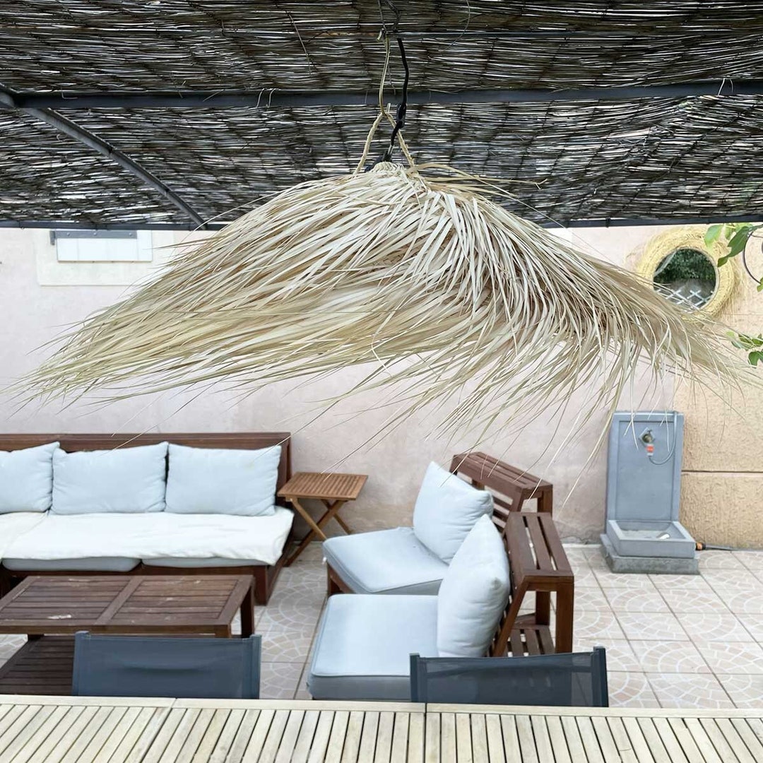 Parasol Pendant Light in Natural Woven Palm Tree From Morocco, Flared ...