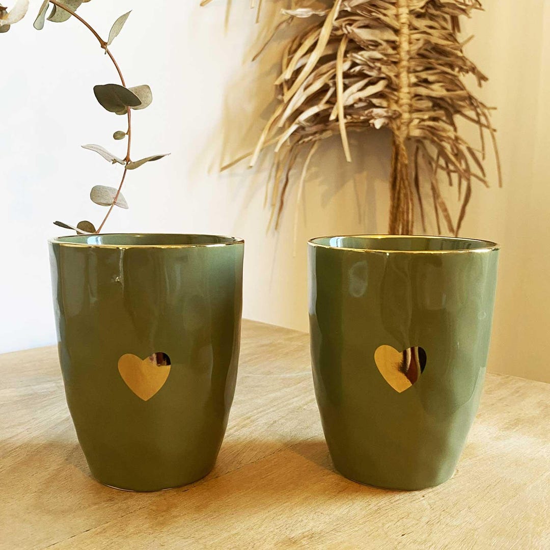 Set of 2 Khaki and Gold Earthenware Cups - Etsy Canada
