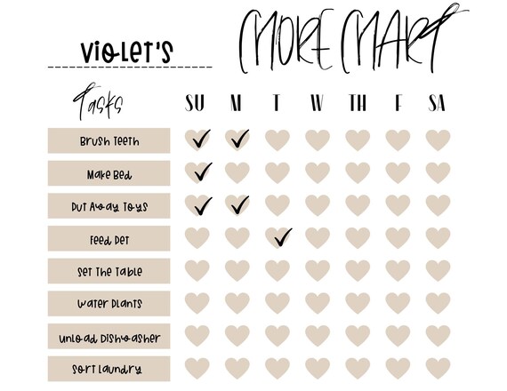 Daily Chore Chart Beige Hearts Kids Daily Responsibility | Etsy