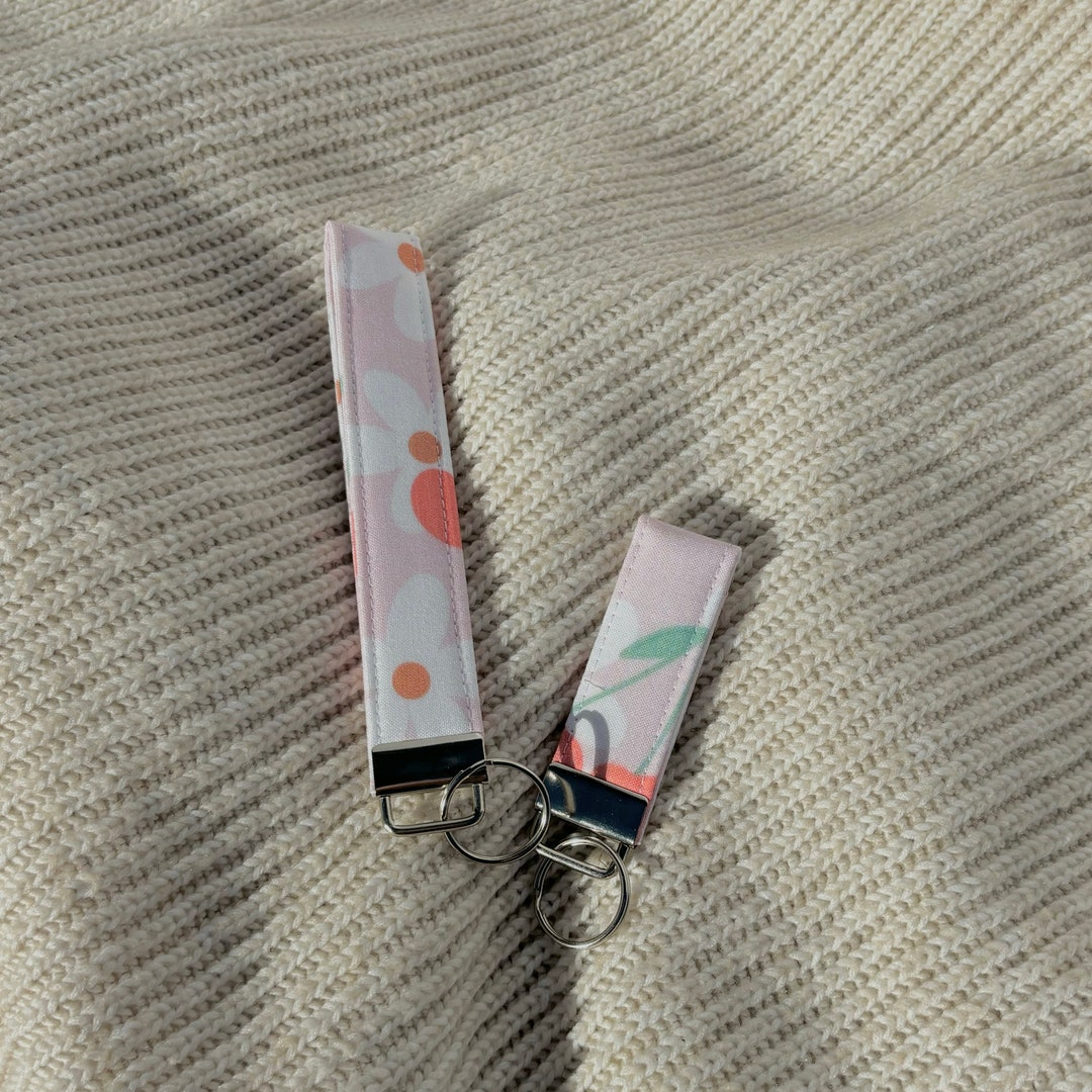 Pink Cherry Keychain Wristlet, Fabric Lanyard Keychain, Girly Key Fob ...