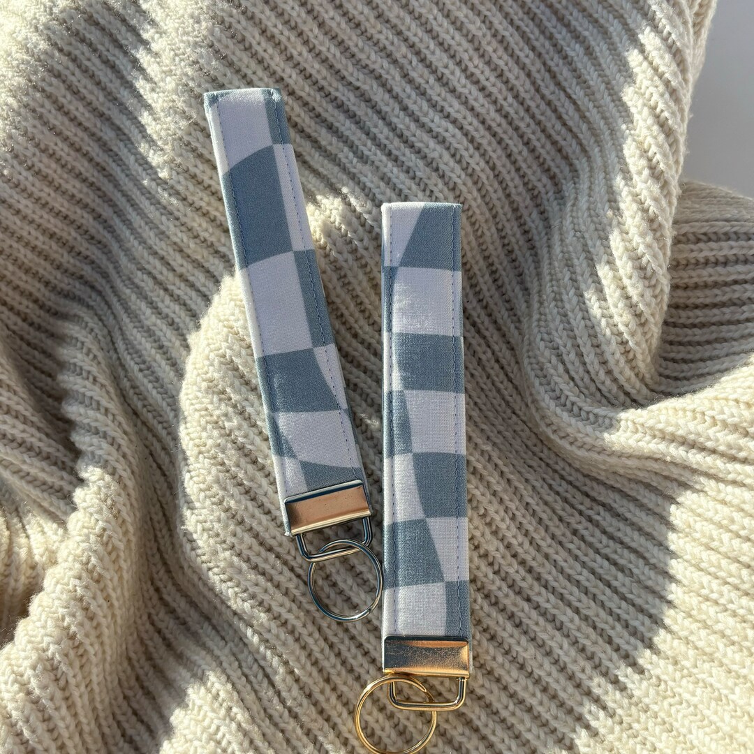 Wavy Blue Checkerboard Keyfob Fabric Lanyard Keychain, Girly Gift, Key Chain Wristlet, Stocking ...