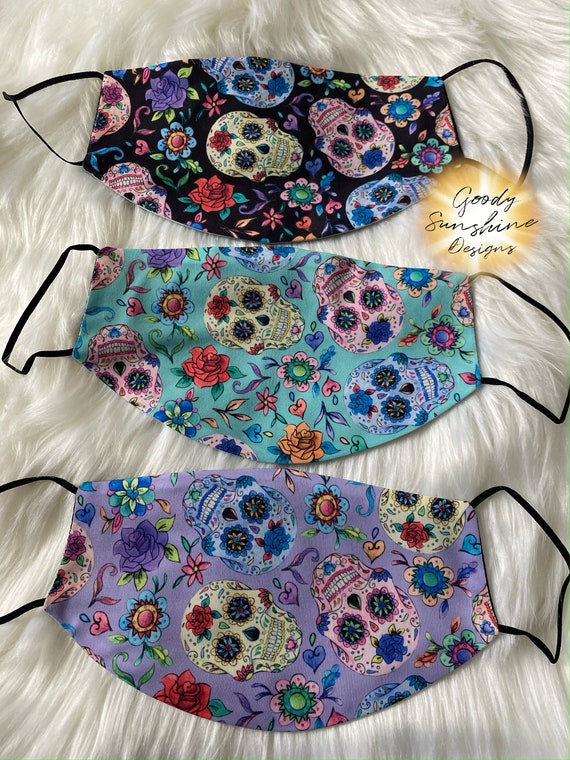 Sugar Skull Face Mask Sugar Skull face covering Black Teal | Etsy