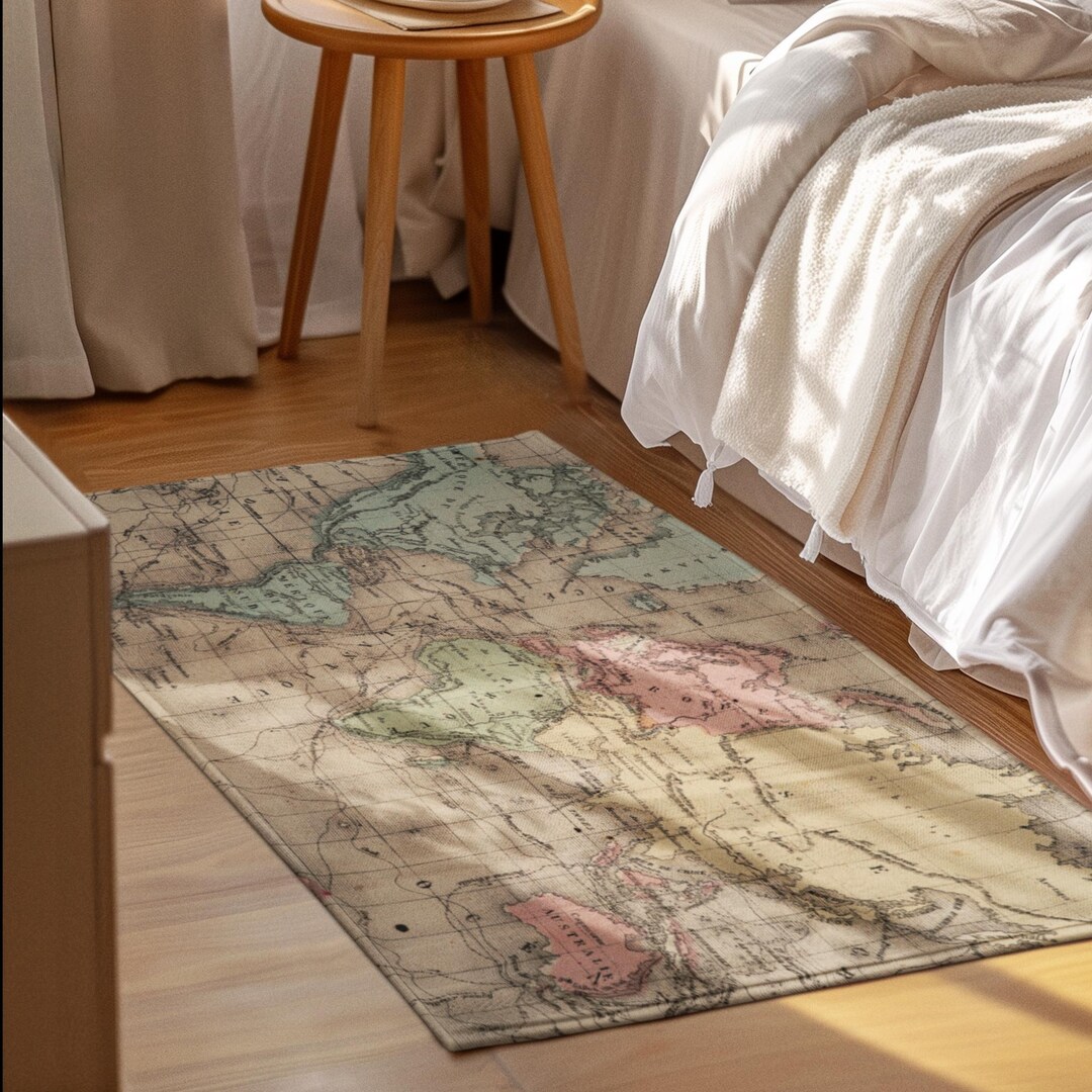 Vintage World Map Rug | Antique Map Area Rug | Geographical World Map ...