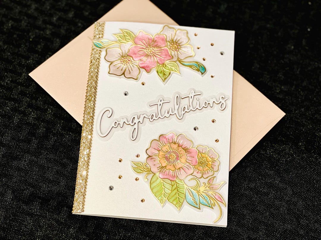 Rhinestone Wedding Congratulations Card, Hand-painted Flowers - Etsy