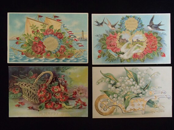 Set of 4 Embossed Antique Birthday Postcards All Floral - Etsy