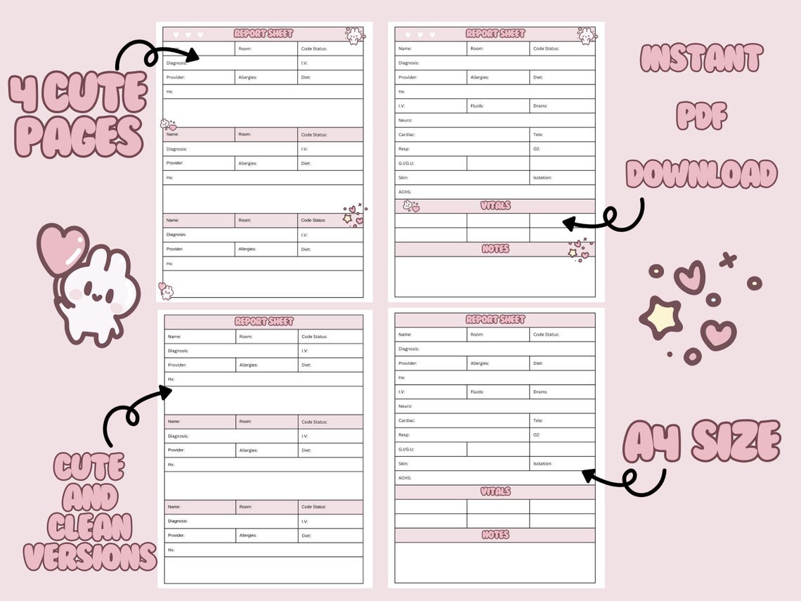 Cute Bunny Nursing Report Sheet. 1 and 3 Patient Report Sheet. Med Surg ...