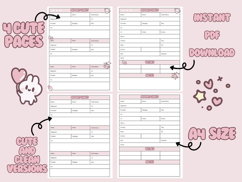 Cute Bunny Nursing Report Sheet. 1 and 3 Patient Report Sheet. Med Surg ...