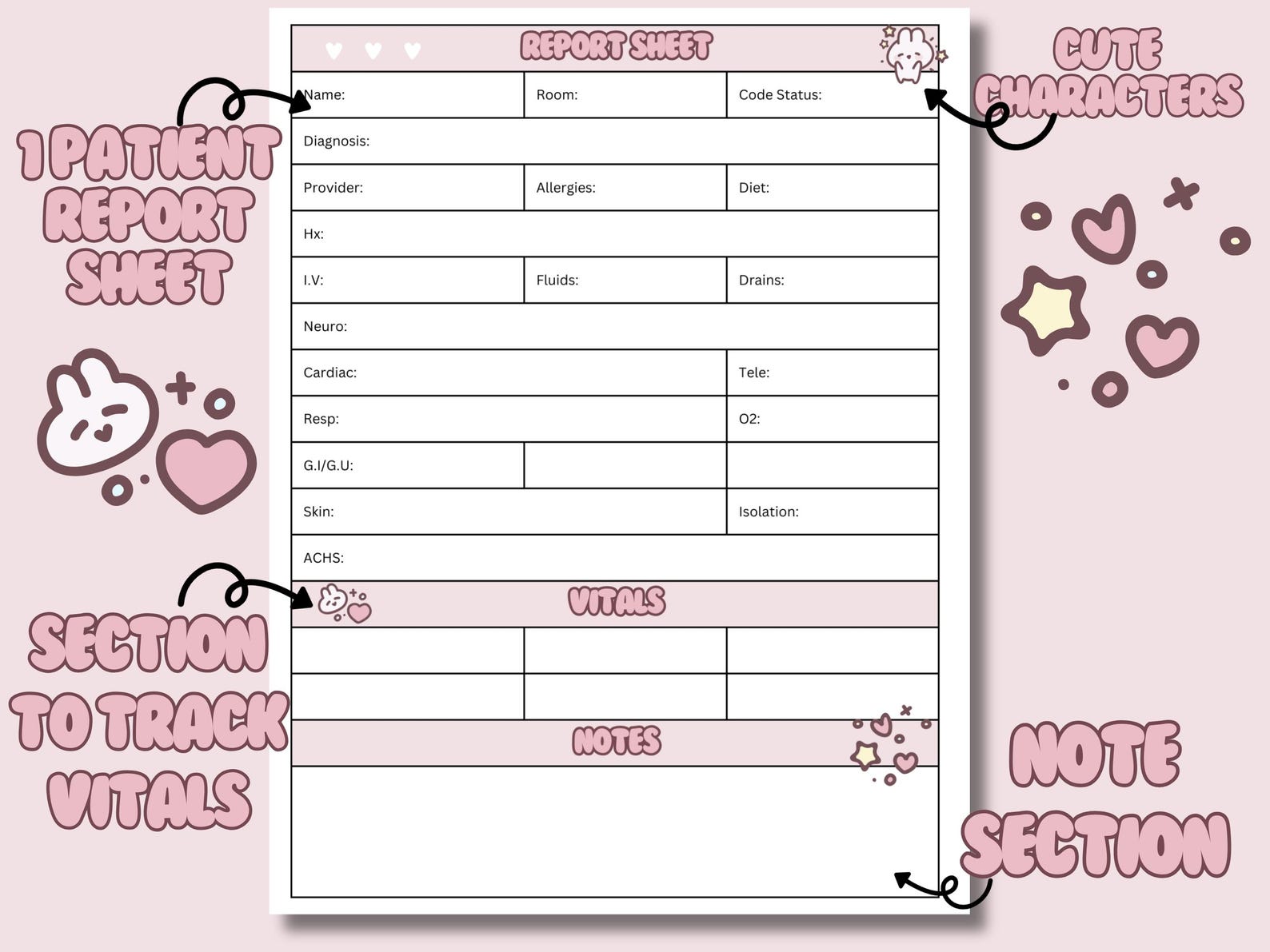 Cute Bunny Nursing Report Sheet. 1 and 3 Patient Report Sheet. Med Surg ...