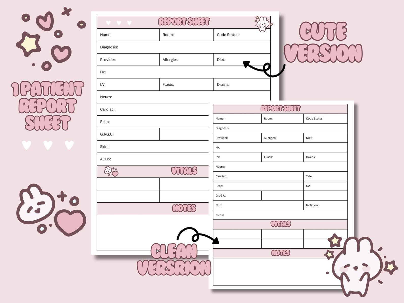 Cute Bunny Nursing Report Sheet. 1 and 3 Patient Report Sheet. Med Surg ...