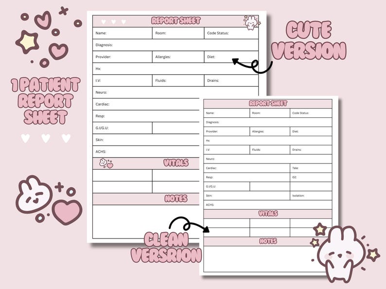 Cute Bunny Nursing Report Sheet. 1 and 3 Patient Report Sheet. Med Surg ...