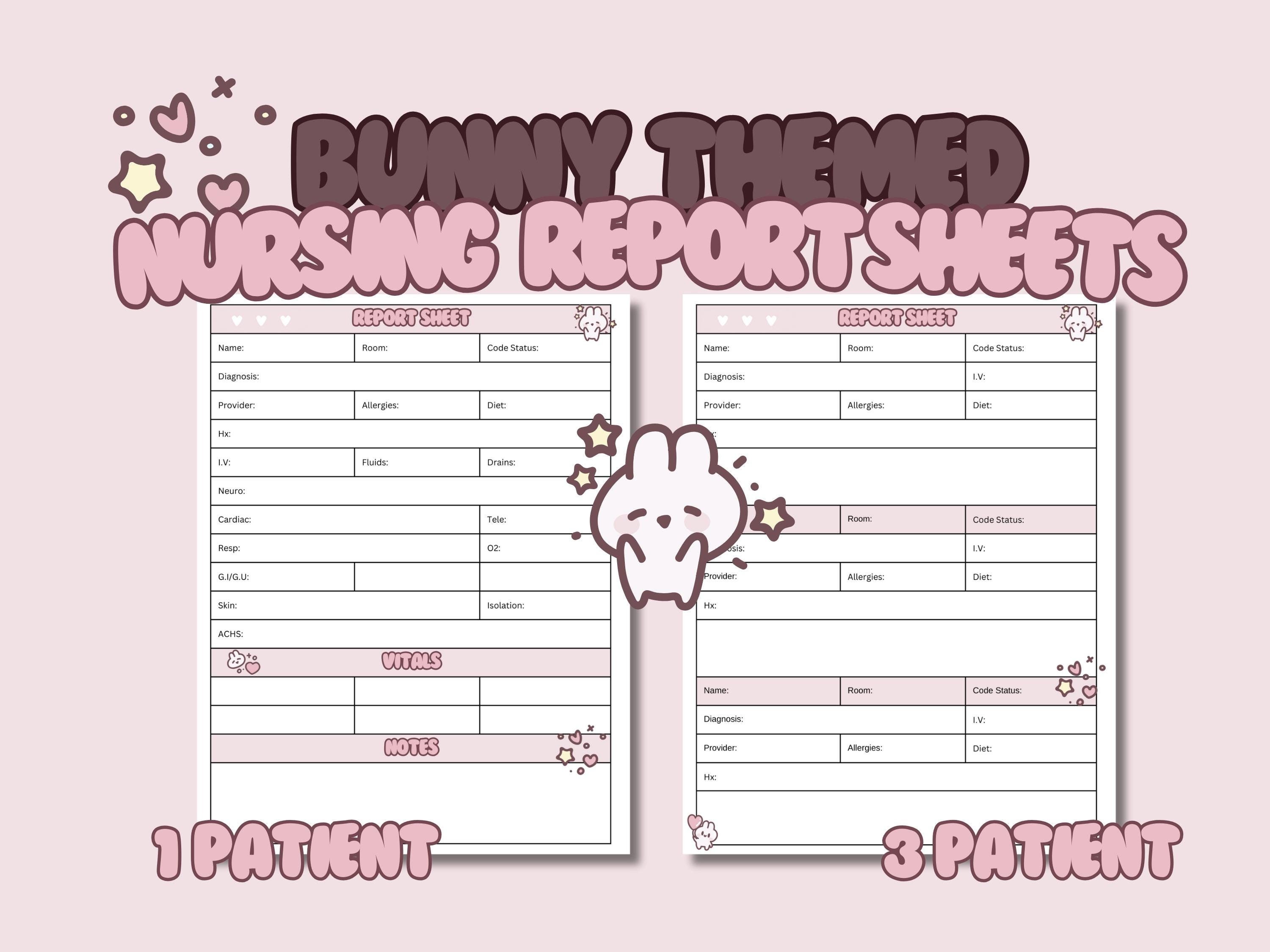 Cute Bunny Nursing Report Sheet. 1 and 3 Patient Report Sheet. Med Surg ...