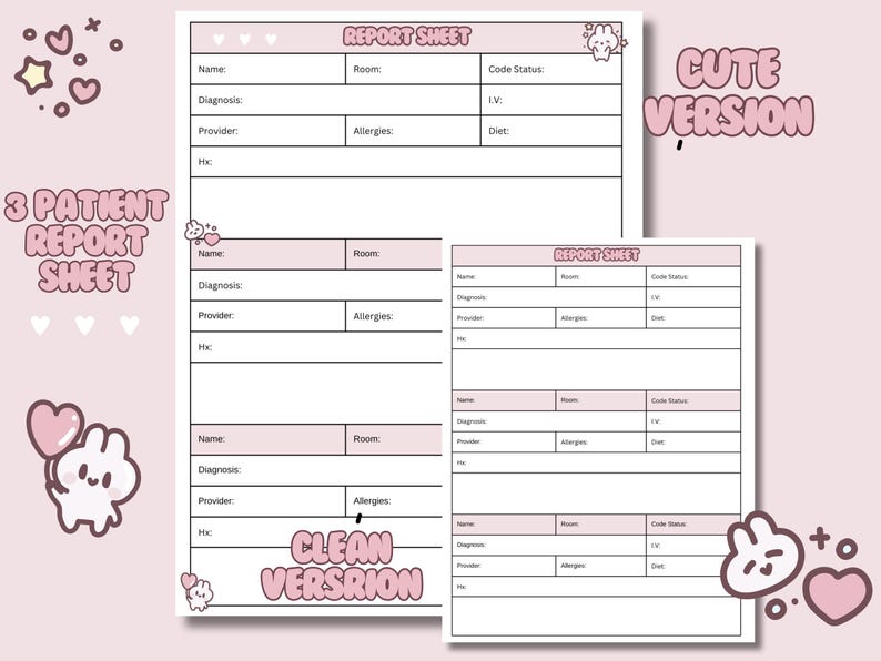 Cute Bunny Nursing Report Sheet. 1 and 3 Patient Report Sheet. Med Surg ...