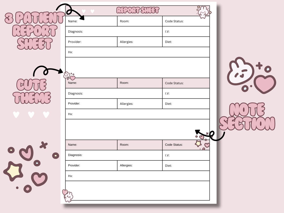 Cute Bunny Nursing Report Sheet. 1 and 3 Patient Report Sheet. Med Surg ...