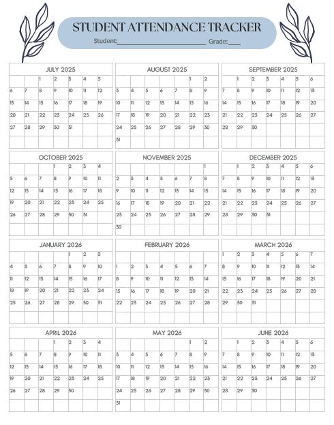 2025-26 Homeschool Attendance Tracker, Digital Download Student ...