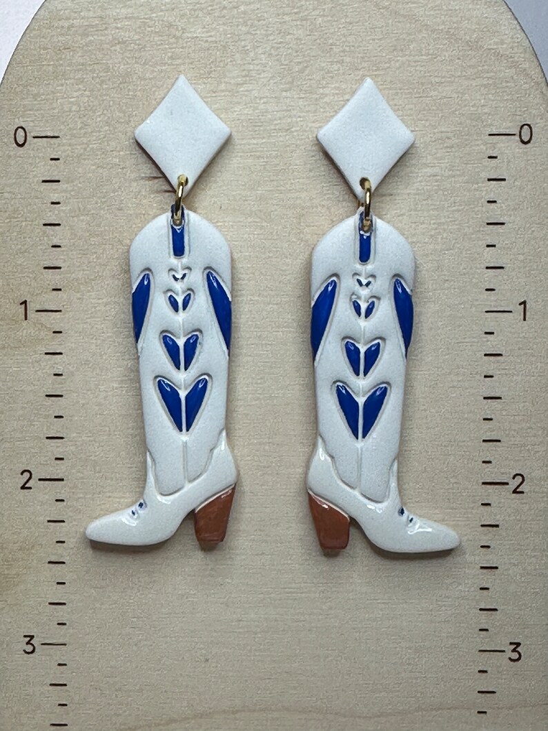 2 1/2" White and Cobalt Blue Cowgirl Boot Earrings ~ Handmade With ...