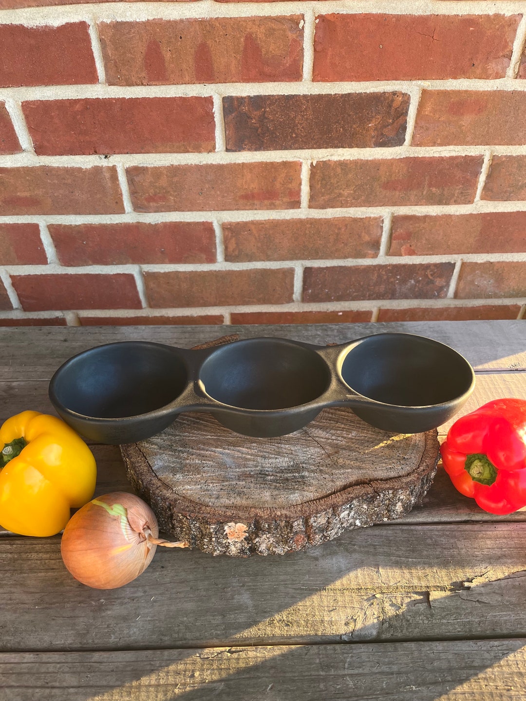 Round Stoneware Triple Dip Bowl - Etsy